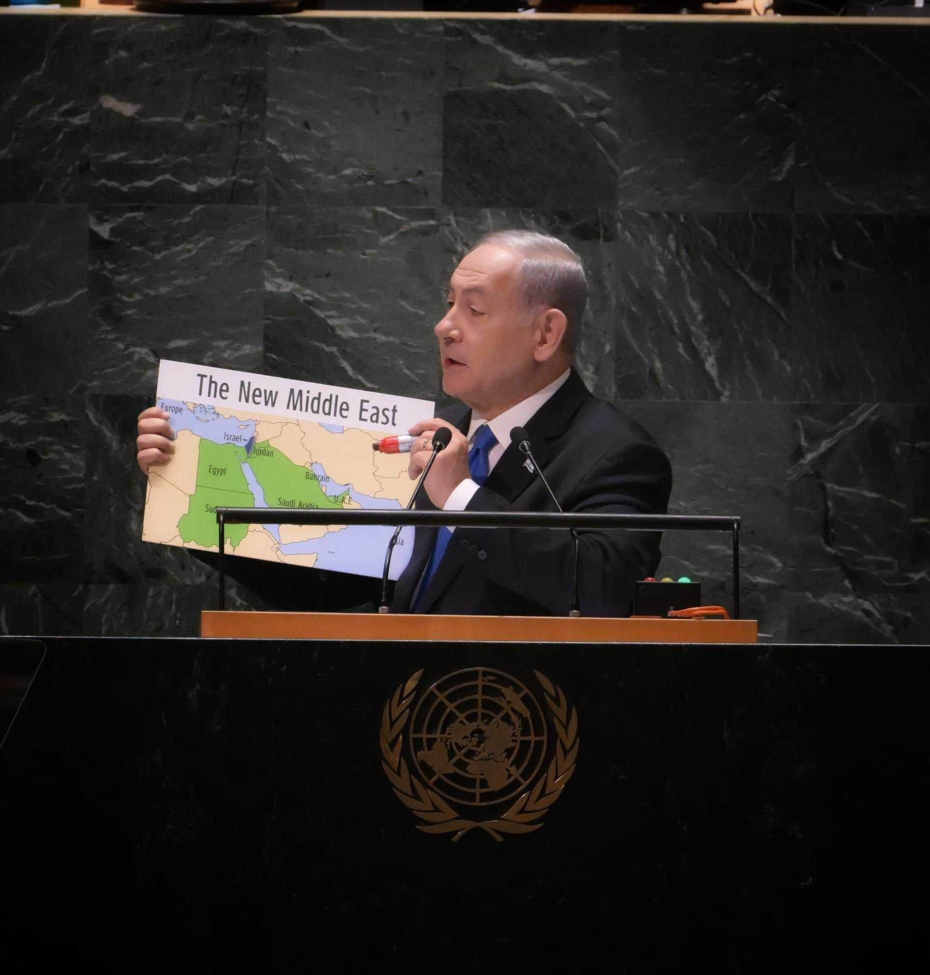 Benjamin Netanyahu With “New Middle East” Map; West Bank And Gaza Strip ...